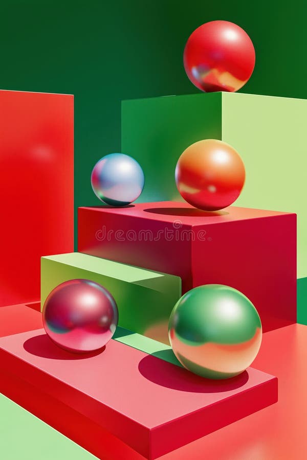 Colorful Geometric Spheres Rest on Square Platforms Form Steps Against Red, Green Backdrop ...