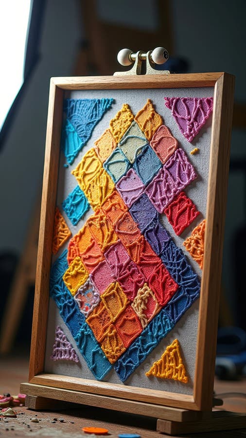 Colorful Geometric Textile Art in Wooden Frame Display Stock Image ...
