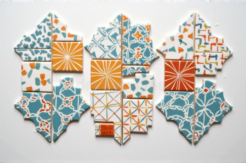 Colorful Geometric Tile Arrangement with Orange and Blue Patterns Stock ...