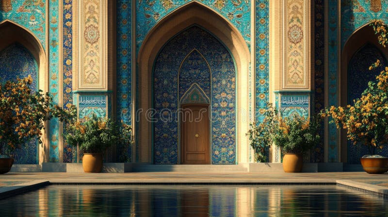 Colorful Geometric Wall Mural with Floral Arch and Reflecting Pool ...