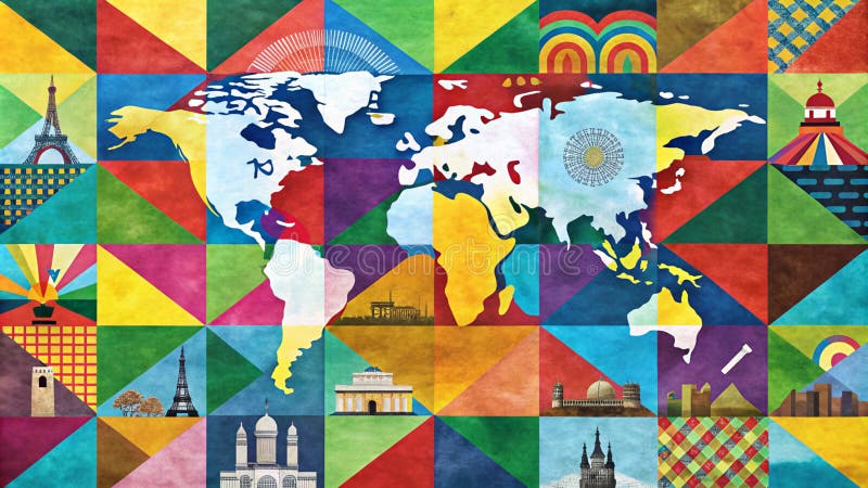 A Colorful, Geometric World Map with Famous Landmarks in the Background ...