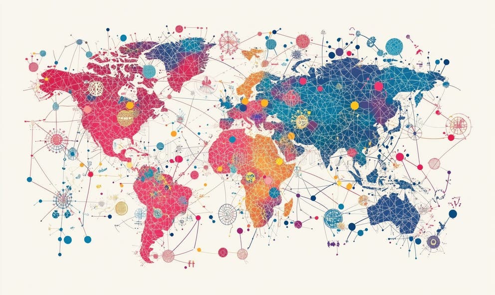 Colorful Geometric World Map with Network Connections and Data Points ...