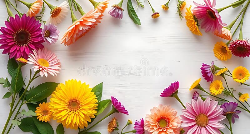 Colorful Gerbera Daisies Arranged on White Wood Surface Creating a ...