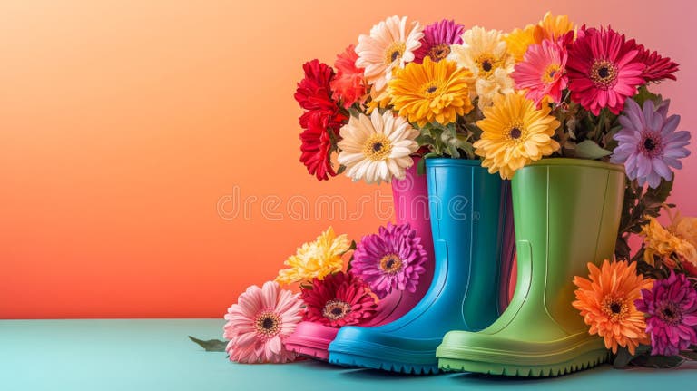 Colorful Gerbera Daisies in Bright Rubber Boots Stock Illustration ...