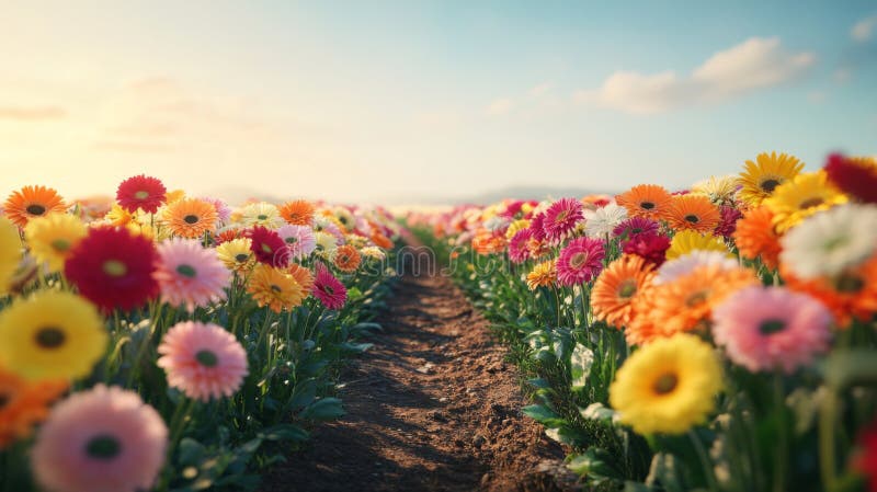 Colorful Gerbera Daisies in a Field at Sunset Stock Illustration ...