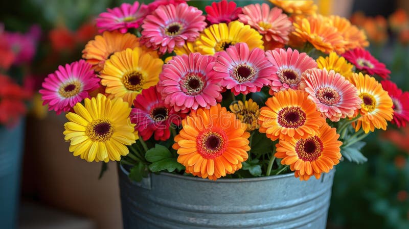 Colorful Gerbera Daisies in a Galvanized Bucket Stock Illustration ...