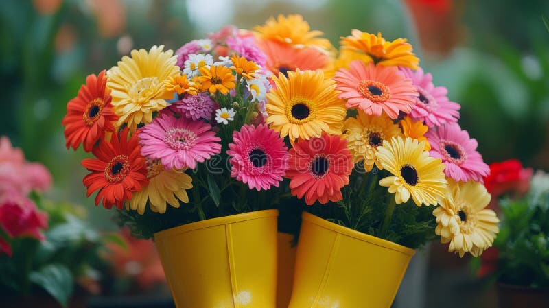 Colorful Gerbera Daisy Bouquet in Yellow Rubber Boots Stock ...