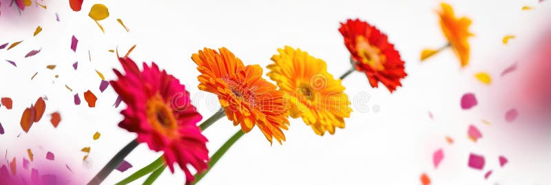 Colorful Gerbera Flowers in Bloom with Petals Scattered on White ...