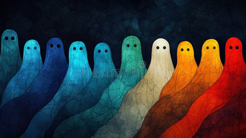Colorful Ghost Figures on a Dark Textured Background Creating an Eerie ...