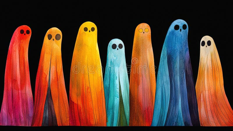 Colorful Ghosts in Various Shades Standing Together Against a Black ...