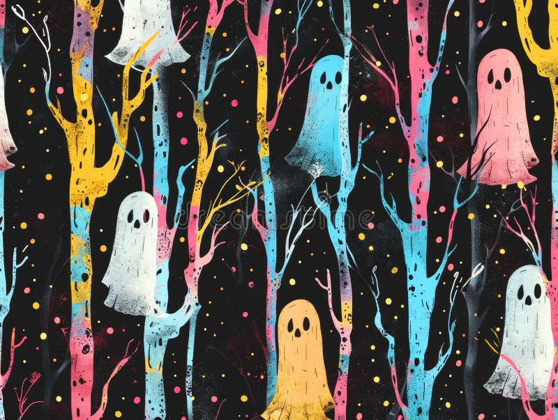 Colorful Ghosts in Whimsical Forest Illustration Stock Illustration ...
