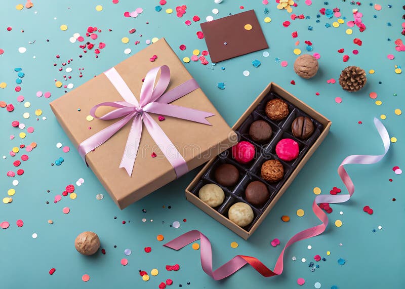 Colorful Gift Box with Assorted Chocolates and Festive Confetti Stock ...