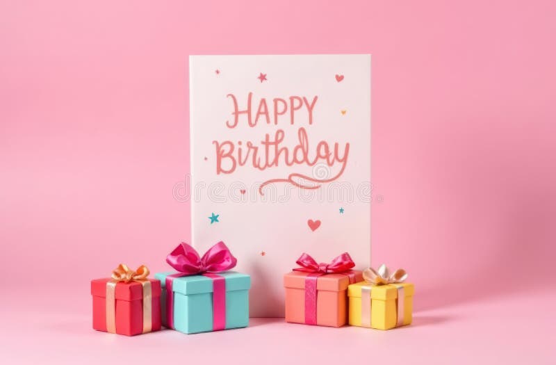 Colorful Gift Boxes and Birthday Card on Pink Background Stock Image ...