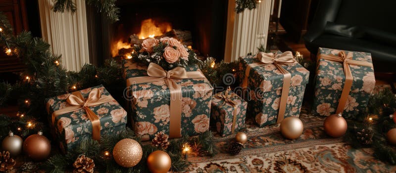 Colorful Gift Boxes, Christmas Decorations, Cozy Fireplace, Festive ...