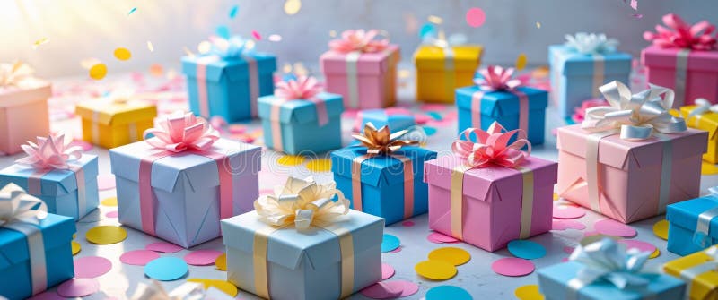 Colorful Gift Boxes with Confetti - Celebration Background Stock Photo ...