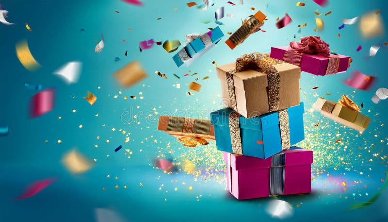 Colorful Gift Boxes with Confetti Falling or Flying in Motion. Stock ...
