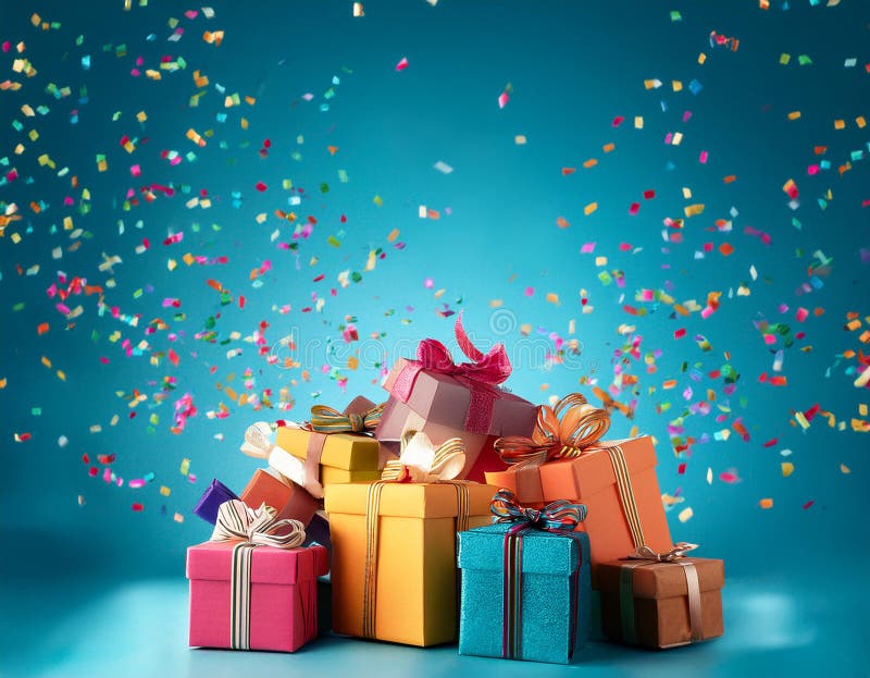 Colorful Gift Boxes with Confetti Falling or Flying in Motion. Stock ...