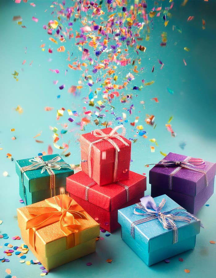 Colorful Gift Boxes with Confetti Falling or Flying in Motion. Stock ...
