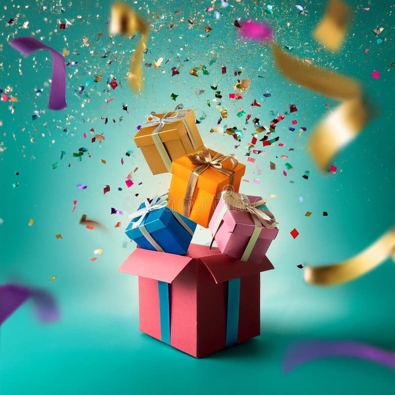 Colorful Gift Boxes with Confetti Falling or Flying in Motion. Stock ...
