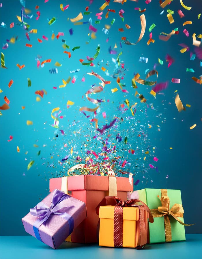 Colorful Gift Boxes with Confetti Falling or Flying in Motion. Stock ...