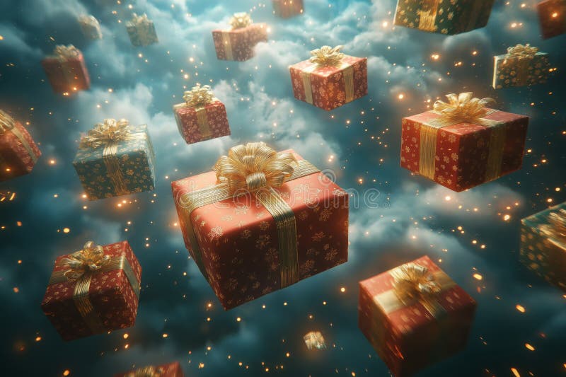 Colorful Gift Boxes Floating among Clouds with Sparkling Light Effects ...
