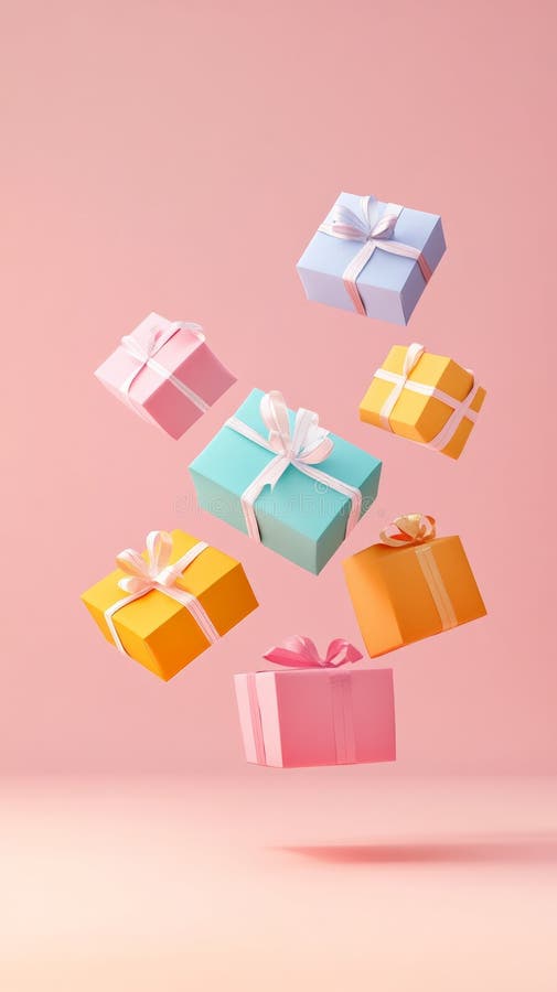 Colorful Gift Boxes Levitating on Pink Background Stock Illustration ...