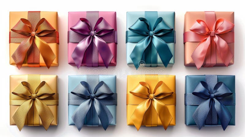 Colorful Gift Boxes with Ribbons in a Grid Stock Photo - Image of paper ...