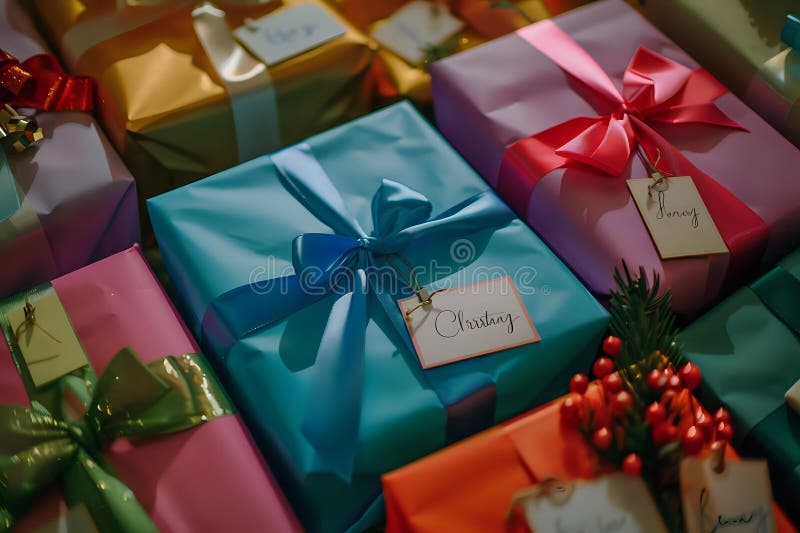 Colorful Gift Boxes with Satin Ribbons and Decorative Bows Stock ...