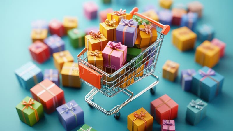 Colorful Gift Boxes in Shopping Cart on Blue Background Stock Image ...