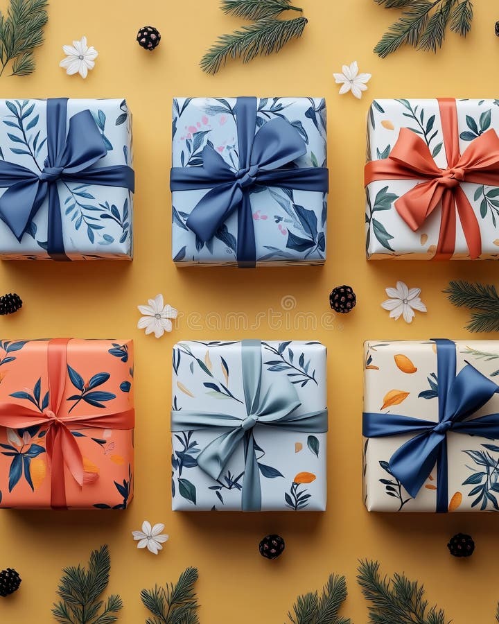 Colorful Gift Boxes with Unique Patterns Arranged on a Vibrant Yellow ...