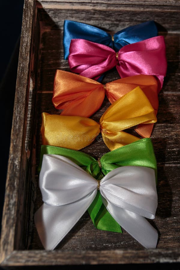 Colorful Gift Ribbon Bows in Wodden Box Stock Photo - Image of silk ...