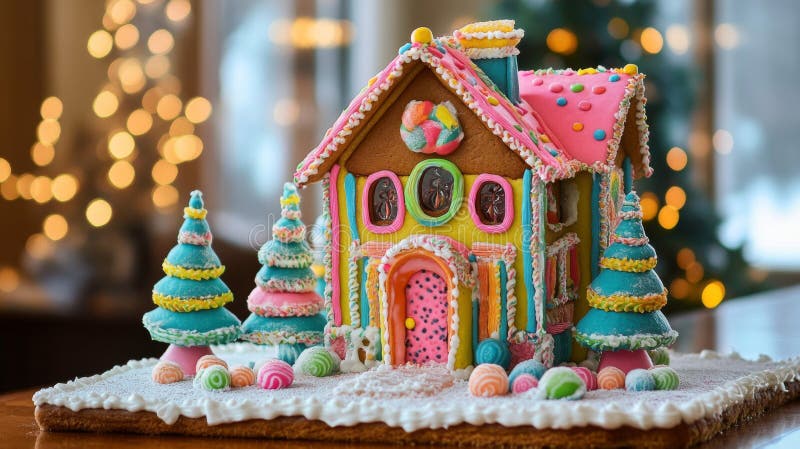 A Colorful Gingerbread House with Candy Decorations and Trees Stock ...