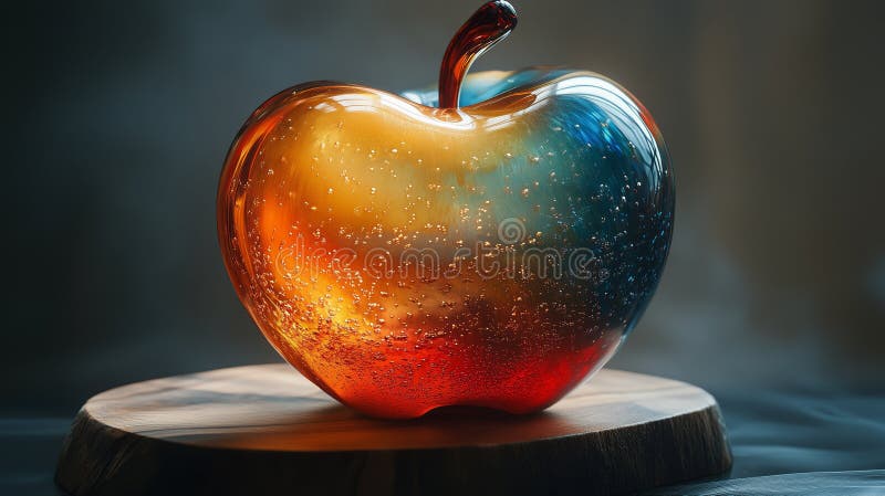 A Colorful Glass Apple on a Wooden Base. Stock Image - Image of ...