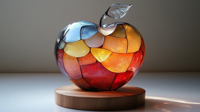 A Colorful Glass Apple on a Wooden Base. Stock Image - Image of ...