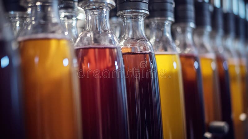 Colorful Glass Bottles Filled with Natural Wine on Display in a Modern ...