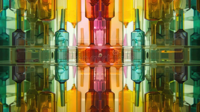 Colorful Glass Bottles Reflecting in a Symmetrical Pattern Stock ...