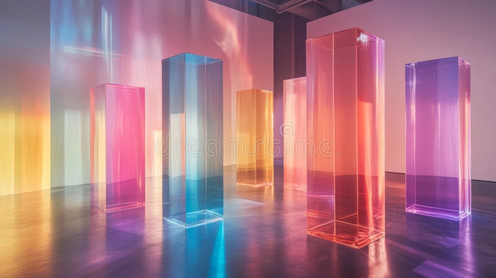 Colorful Glass Columns Illuminated in Modern Gallery Setting Stock ...