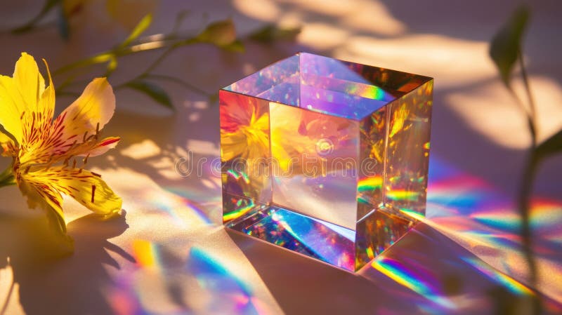 Colorful Glass Cube Features a Flower, Placed Elegantly on a Table ...
