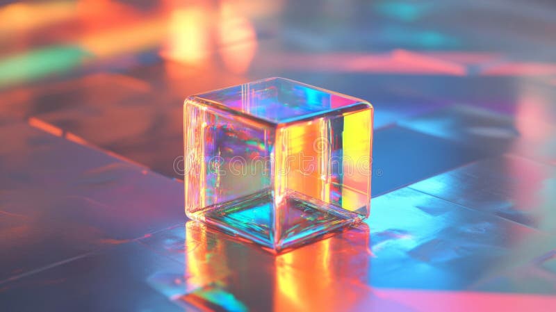 Colorful Glass Cube on Reflective Surface Stock Illustration ...