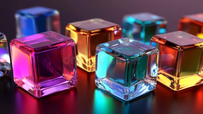 Colorful Glass Cubes on Dark Reflective Surface Stock Illustration ...