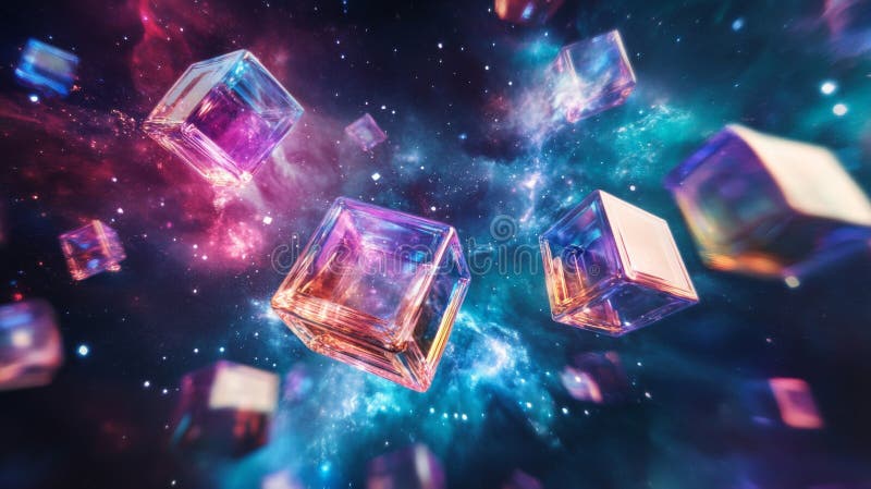 Colorful Glass Cubes Floating in a Cosmic Nebula Stock Illustration ...