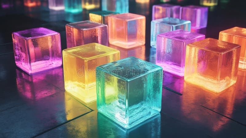 Colorful Glass Cubes with Neon Lights on Dark Surface Stock ...