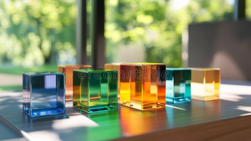 Colorful Glass Cubes on Wooden Table Stock Illustration - Illustration ...