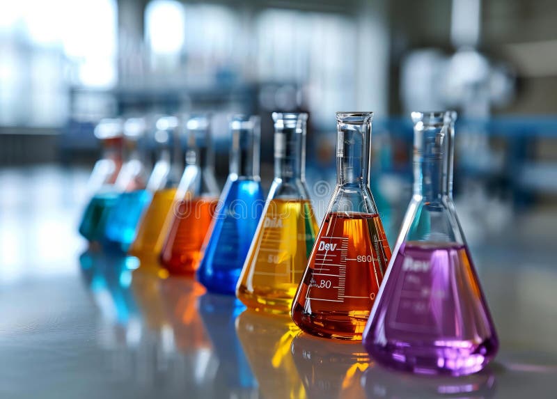 Colorful Glass Flasks Filled Different Liquids are Arranged Reflective ...