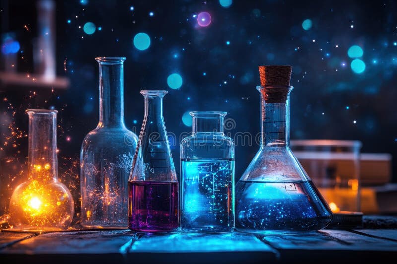 Colorful Glass Flasks Filled with Glowing Liquids are Arranged on a ...