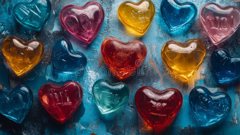 Colorful Glass Hearts Arranged on a Blue Background Stock Illustration ...