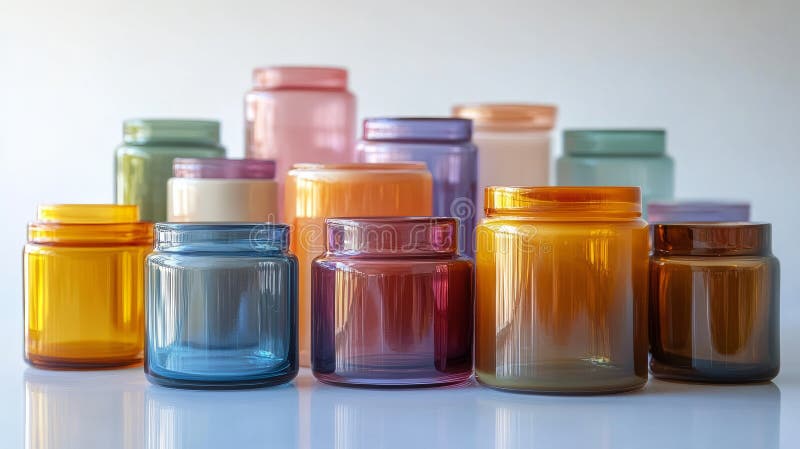 Colorful Glass Jars on a Reflective Surface. Stock Photo - Image of ...