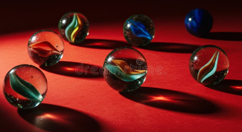 Colorful Glass Marbles on Red Background Closeup of Several Colorful ...
