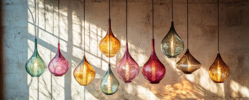 Colorful Glass Pendant Lights Casting Shadows Against Rustic Wall Stock ...