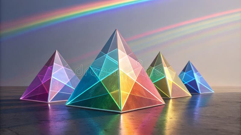 Colorful Glass Pyramids and Vibrant Rainbows in Geometric Light Play ...